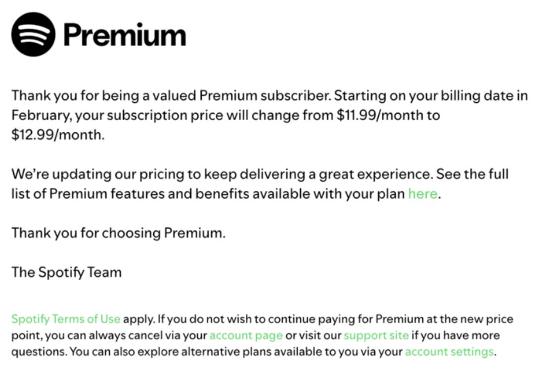 Spotify Update on Subscription Price Increase in the US on February ...